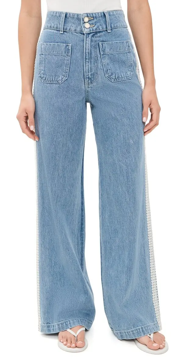 Veronica Beard Taylor High Rise Wide Leg Jeans With Contrast Lace Trim - Halo Blue
