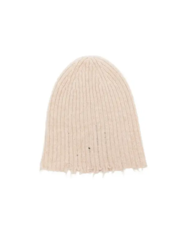 UMA WANG Ribbed Knit Beanie With Frayed Hem - Beige