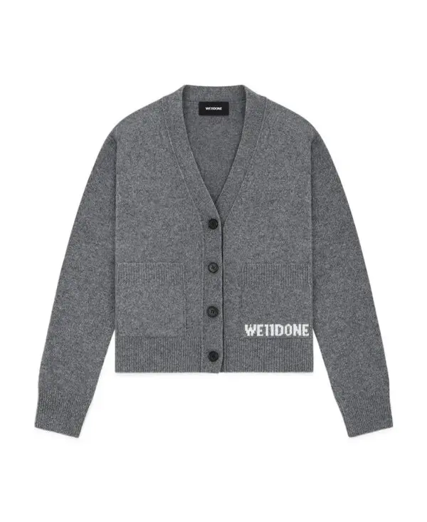 We11Done V-neck Logo Embroidered Knitted Cardigan - Gray