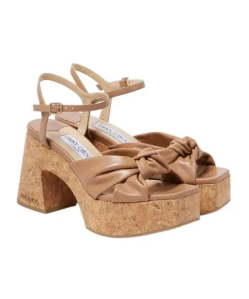 JIMMY CHOO Square-toe Platform Sandals With Knotted Straps And Cork Heels - Nude