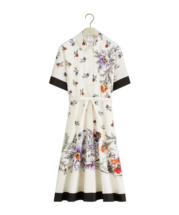 Dior Mid-length Shirtdress With Floral Print And Bow Belt - White