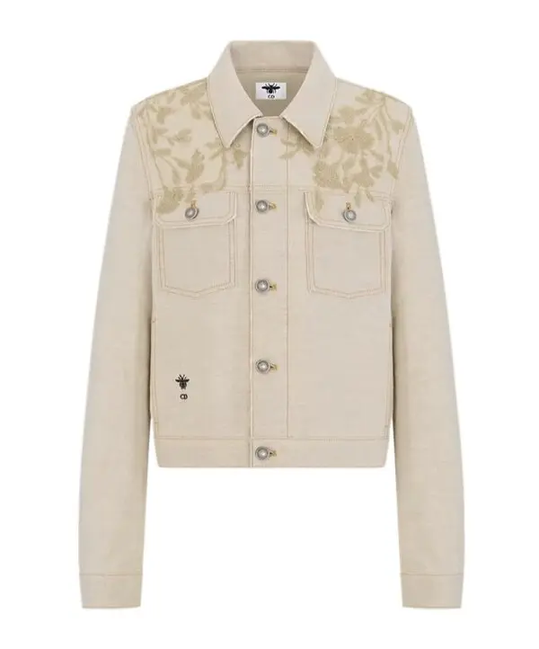 Dior Embroidered Bee And Cd Signature Denim Jacket - Beige