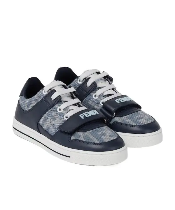Fendi Leather And Denim First Steps Sneakers With Ff Logo