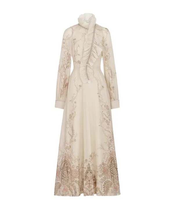Dior Paisley Motif Long Dress With Removable Ruched Collar - Beige