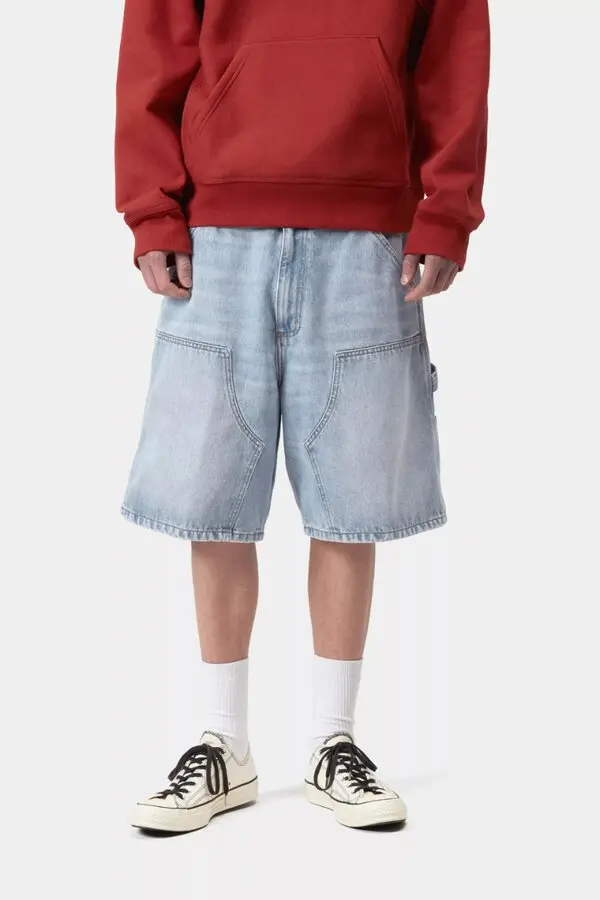 Carhartt Work In Progress Double Knee Denim Shorts - Blue, Worn Bleached