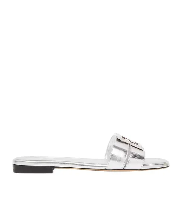 Fendi Ff Logo Plaque Metallic Nappa Leather Sandals - Silver