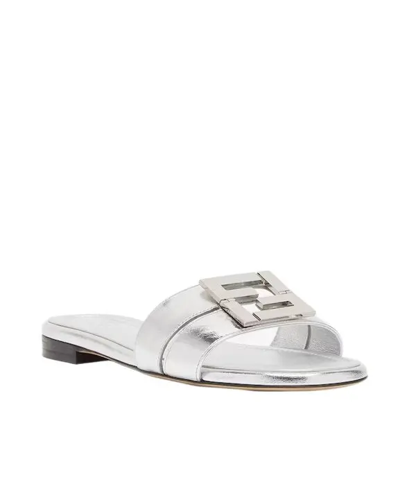 Fendi Ff Logo Plaque Metallic Nappa Leather Sandals - Silver