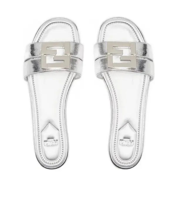 Fendi Ff Logo Plaque Metallic Nappa Leather Sandals - Silver