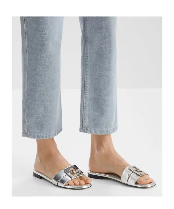 Fendi Ff Logo Plaque Metallic Nappa Leather Sandals - Silver