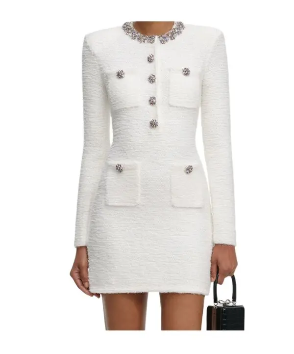 SELF-PORTRAIT Embellished Knit Mini Dress - Cream