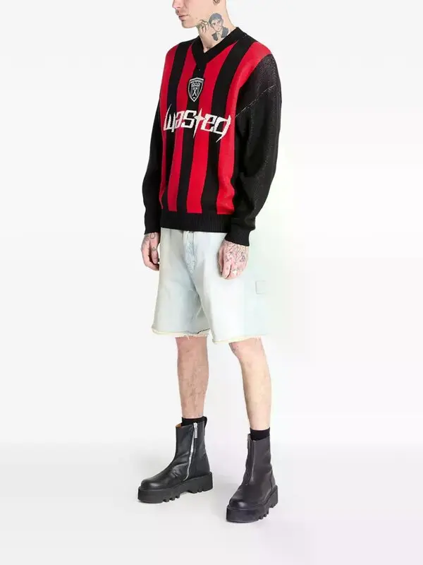 WASTED Striped Logo-intarsia V-neck Sweater