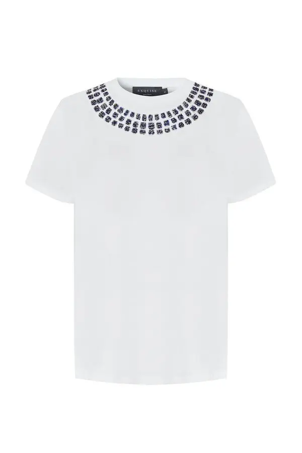 EXQUISE Adriana Beaded Neckline T-shirt - White