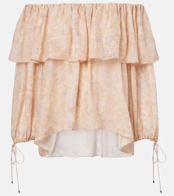 Chloé Floral Silk Charmeuse Off-the-shoulder Blouse - Pink
