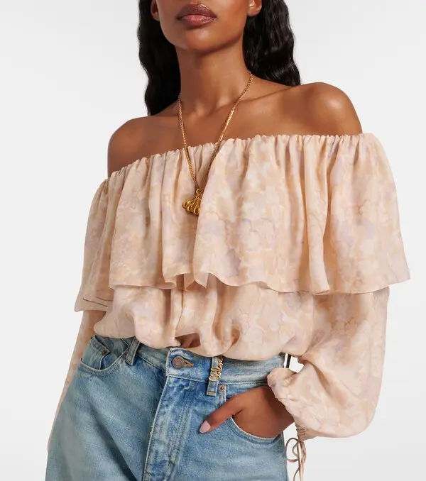 Chloé Floral Silk Charmeuse Off-the-shoulder Blouse