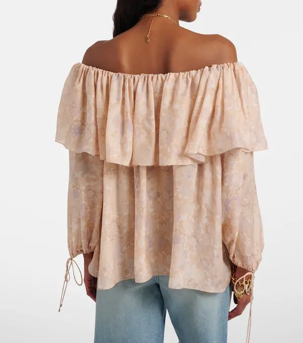 Chloé Floral Silk Charmeuse Off-the-shoulder Blouse