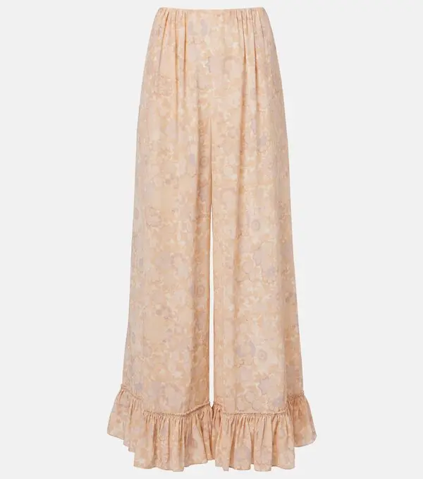 Chloé Floral Silk Wide-leg Ruffle Pants - Pink