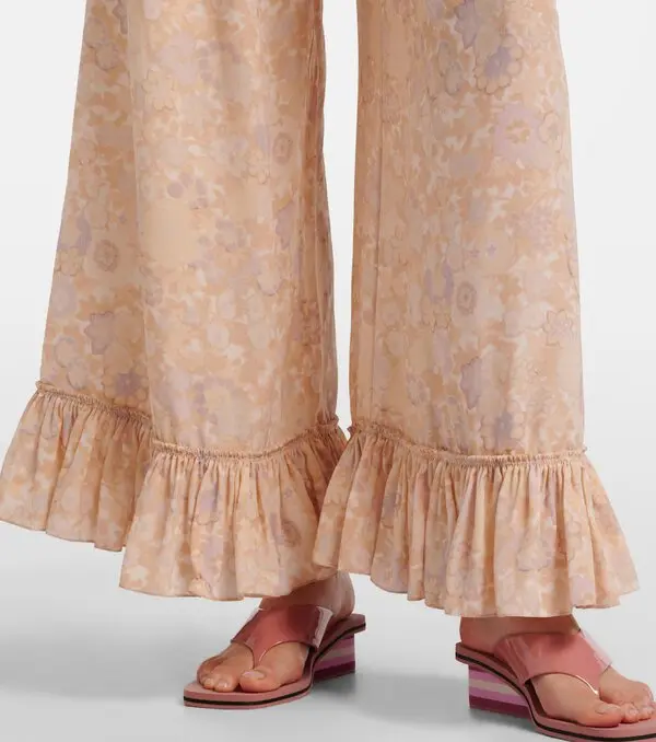 Chloé Floral Silk Wide-leg Ruffle Pants - Pink