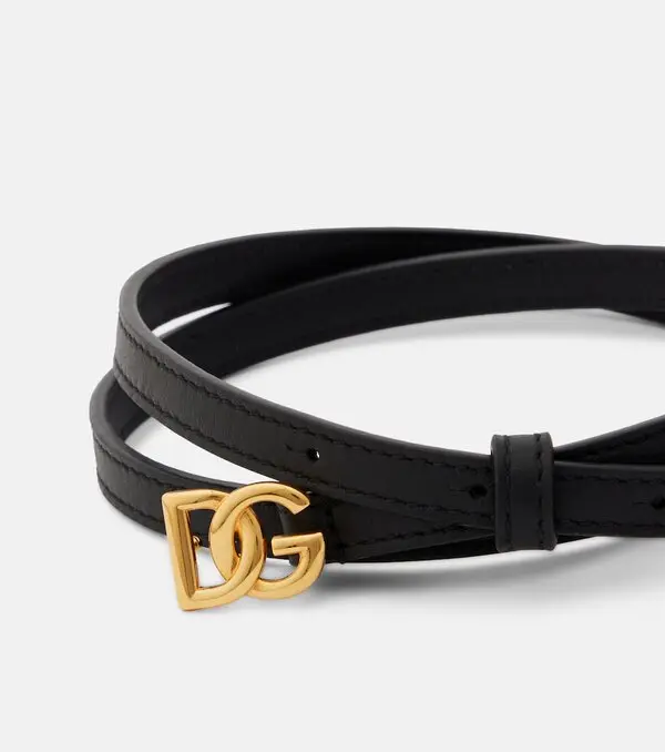 Dolce & Gabbana Skinny Leather Belt With Gold Tone Logo - Black