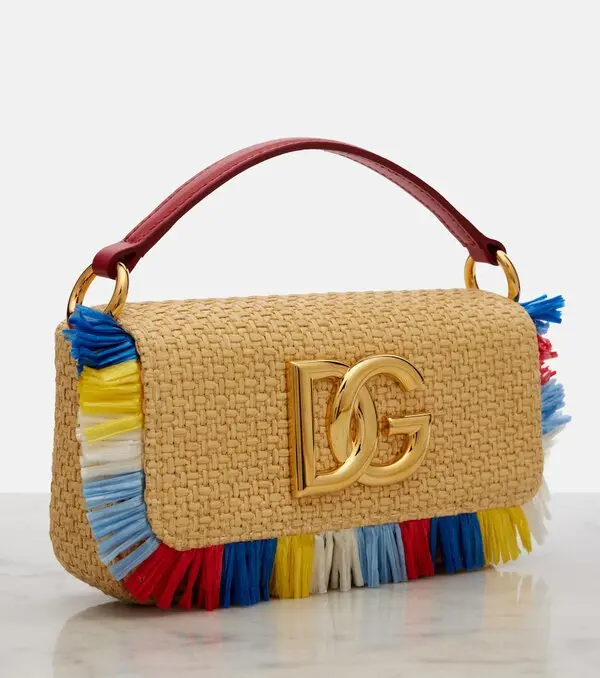 Dolce & Gabbana Small Raffia Crossbody Bag With Multicolor Fringe And Dg Logo