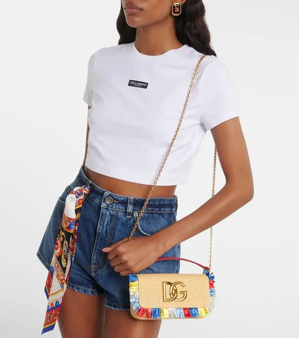 Dolce & Gabbana Small Raffia Crossbody Bag With Multicolor Fringe And Dg Logo