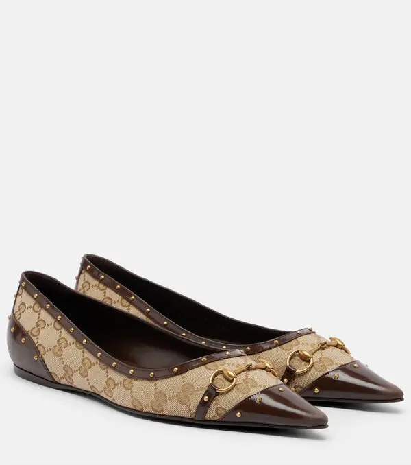Gucci Savoy Horsebit Gg Canvas Ballet Flats - Brown
