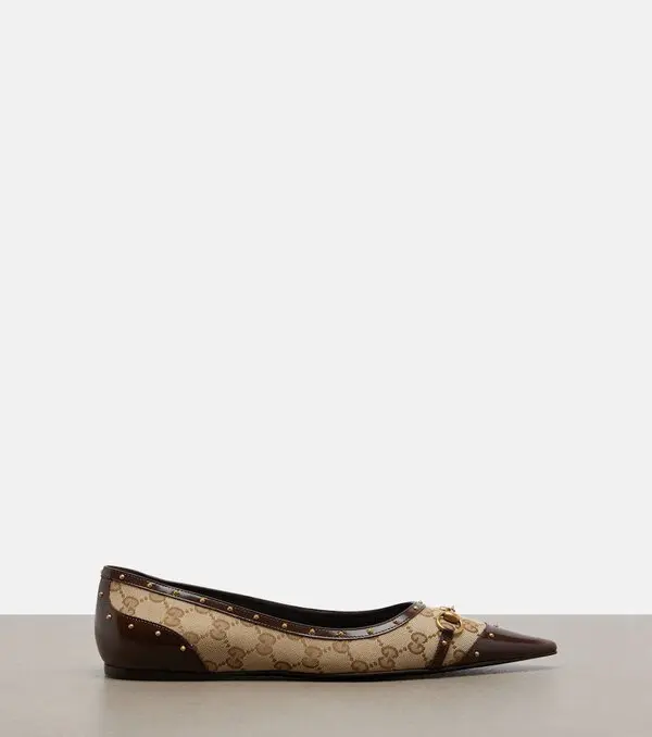 Gucci Savoy Horsebit Gg Canvas Ballet Flats - Brown