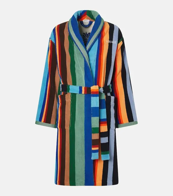 Versace Striped Cotton Terry Bathrobe - Blue