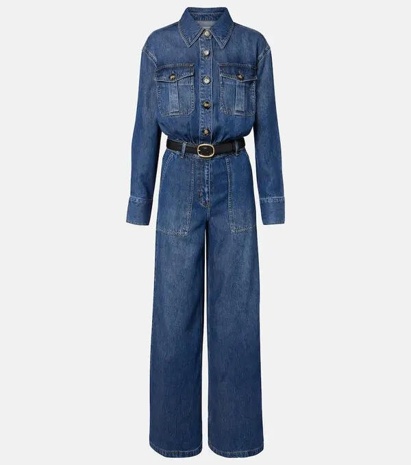 SELF-PORTRAIT Belted Denim Jumpsuit - Blue