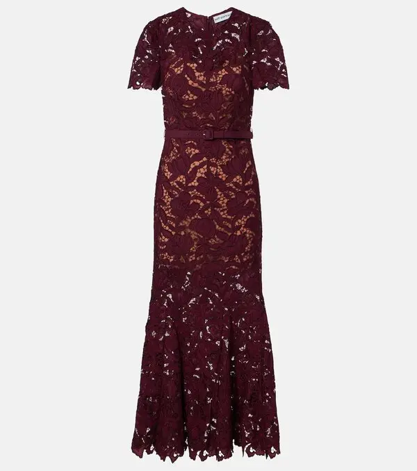 SELF-PORTRAIT Belted Floral Guipure Lace Midi Dress - Burgundy