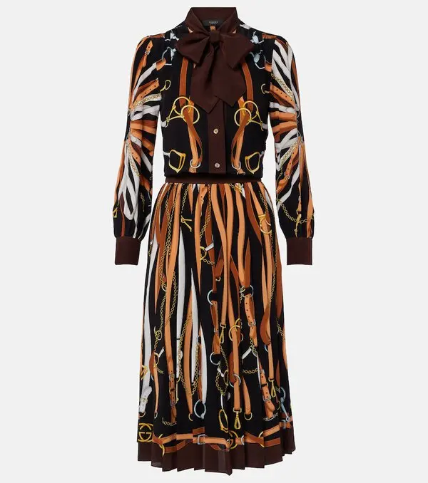 Gucci Printed Silk Shirt Dress With Tie Neck - Brown