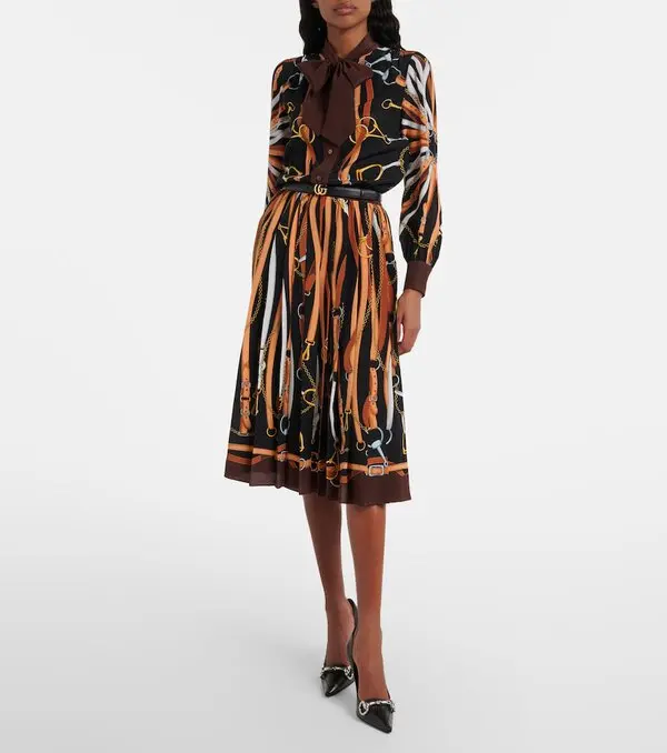 Gucci Printed Silk Shirt Dress With Tie Neck - Brown