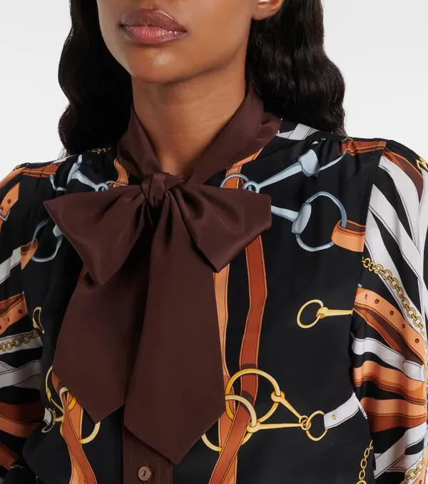 Gucci Printed Silk Shirt Dress With Tie Neck - Brown