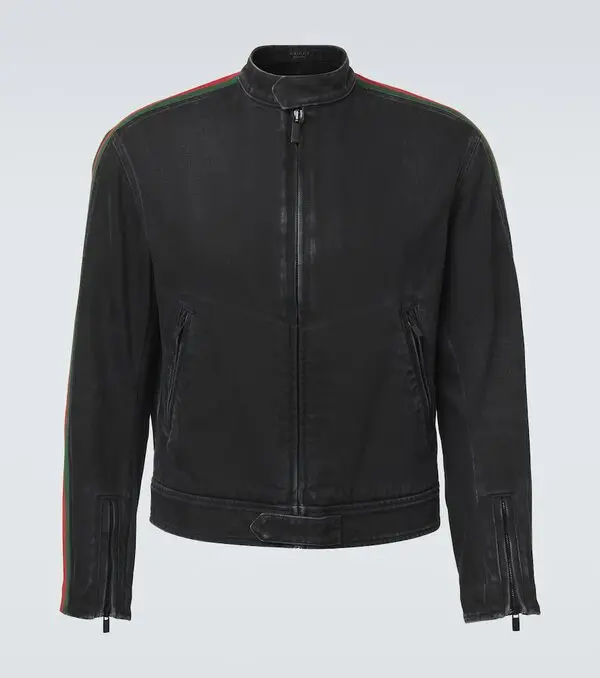 Gucci Web Stripe Denim Biker Jacket - Black