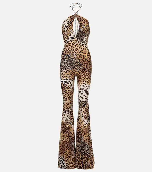 Roberto Cavalli Jaguar-print Cutout Jersey Jumpsuit - Multicoloured