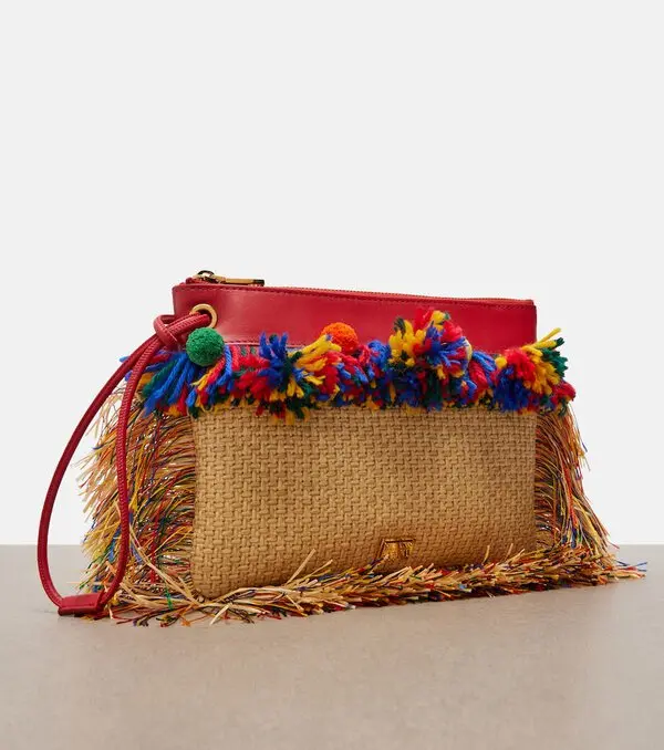 Dolce & Gabbana Fringed Woven Leather-trimmed Pouch - Red
