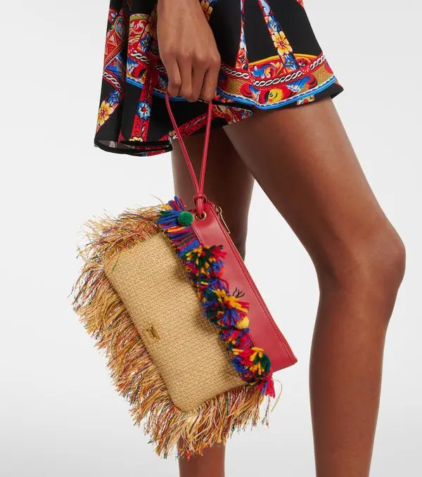 Dolce & Gabbana Fringed Woven Leather-trimmed Pouch - Red