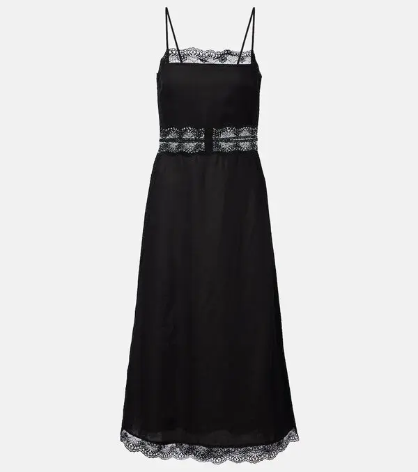 Staud Lace-trimmed Linen Midi Dress - Black