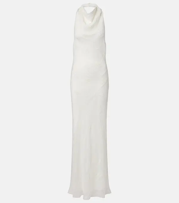 Staud Roselle Beaded Halterneck Organza Maxi Dress - White