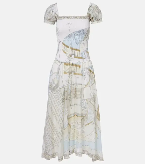 Tory Burch Printed Shirred Silk And Cotton Midi Dress - Beige