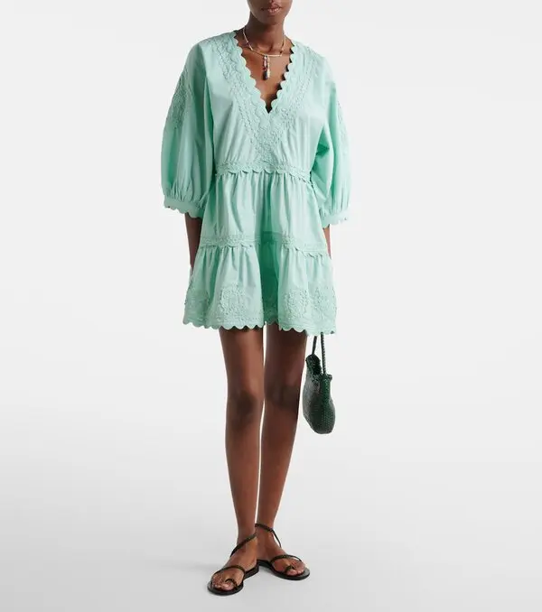 JULIET DUNN Embroidered Scalloped Cotton Poplin Mini Dress - Green