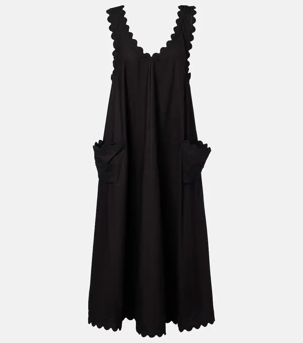 JULIET DUNN Embroidered Scalloped Cotton Poplin Midi Dress - Black
