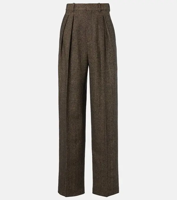 Saint Laurent Herringbone Wool-blend Wide-leg Trousers - Brown