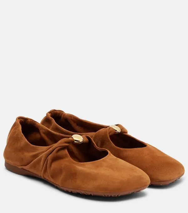 Loewe Pebble Soft Suede Mary Jane Flats - Brown