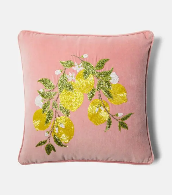 LES-OTTOMANS Embroidered Cotton Velvet Cushion - Multicoloured