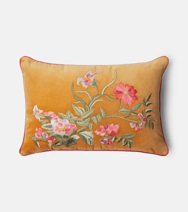 LES-OTTOMANS Embroidered Cotton Velvet Cushion - Multicoloured