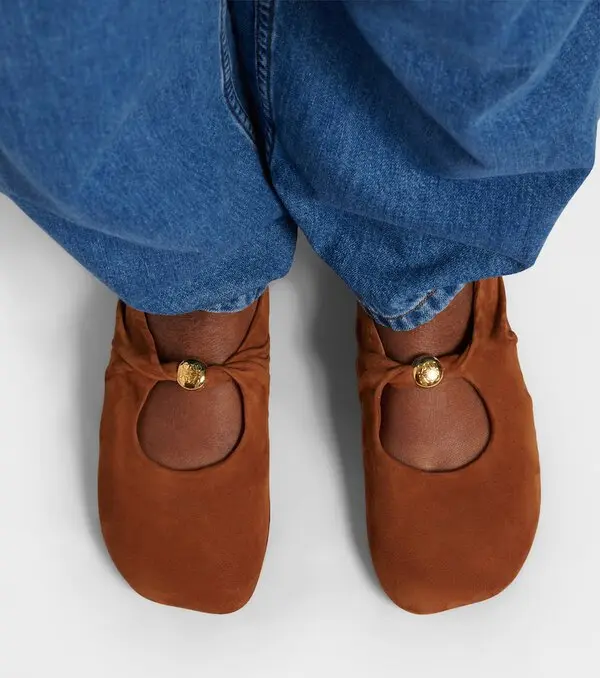 Loewe Pebble Soft Suede Mary Jane Flats - Brown