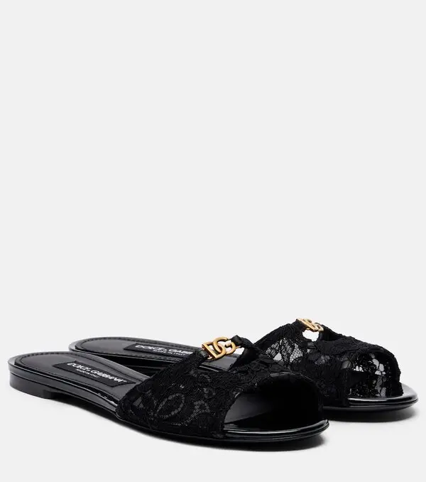 Dolce & Gabbana Dg Leather-trimmed Lace Slides - Black