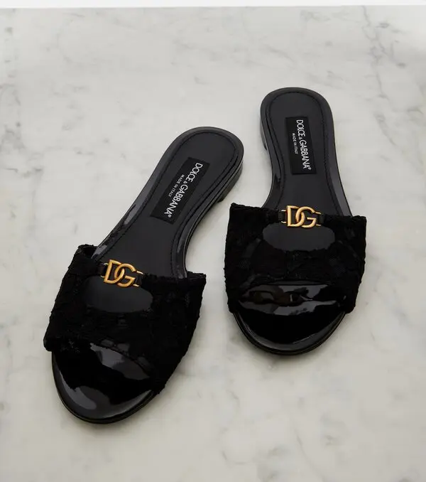 Dolce & Gabbana Dg Leather-trimmed Lace Slides - Black