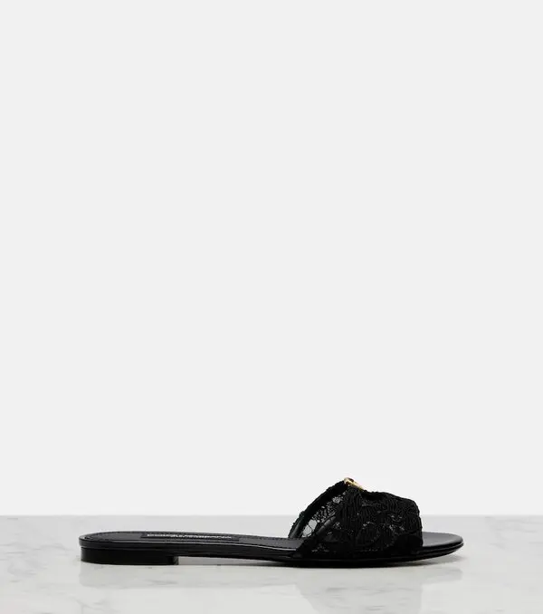 Dolce & Gabbana Dg Leather-trimmed Lace Slides - Black