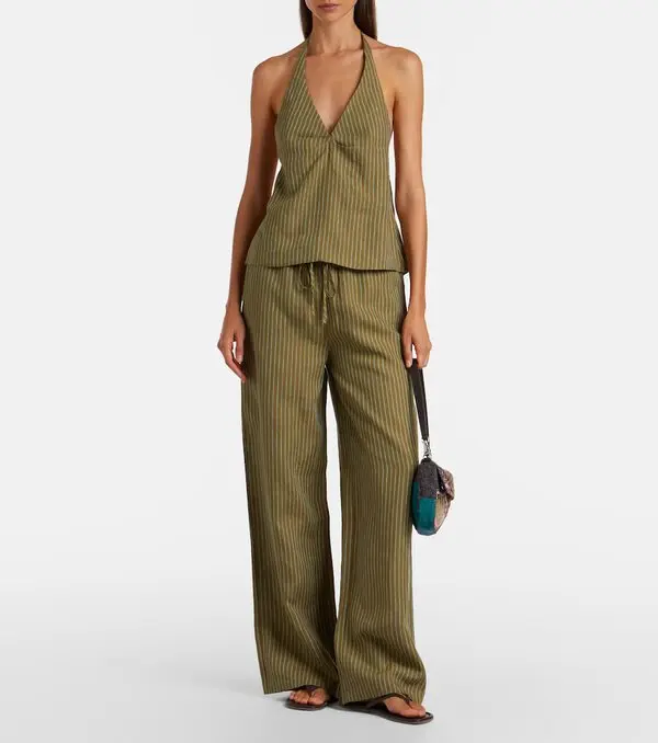 Staud Corso Striped Halterneck Linen Top - Green